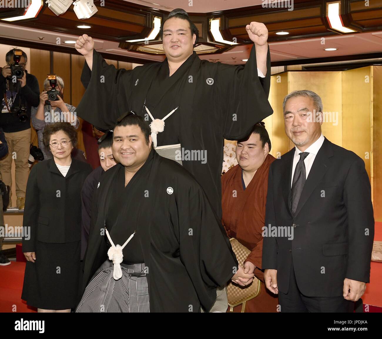 Newly promoted yokozuna Kisenosato poses for photos in Tokyo on Jan. 25 ...