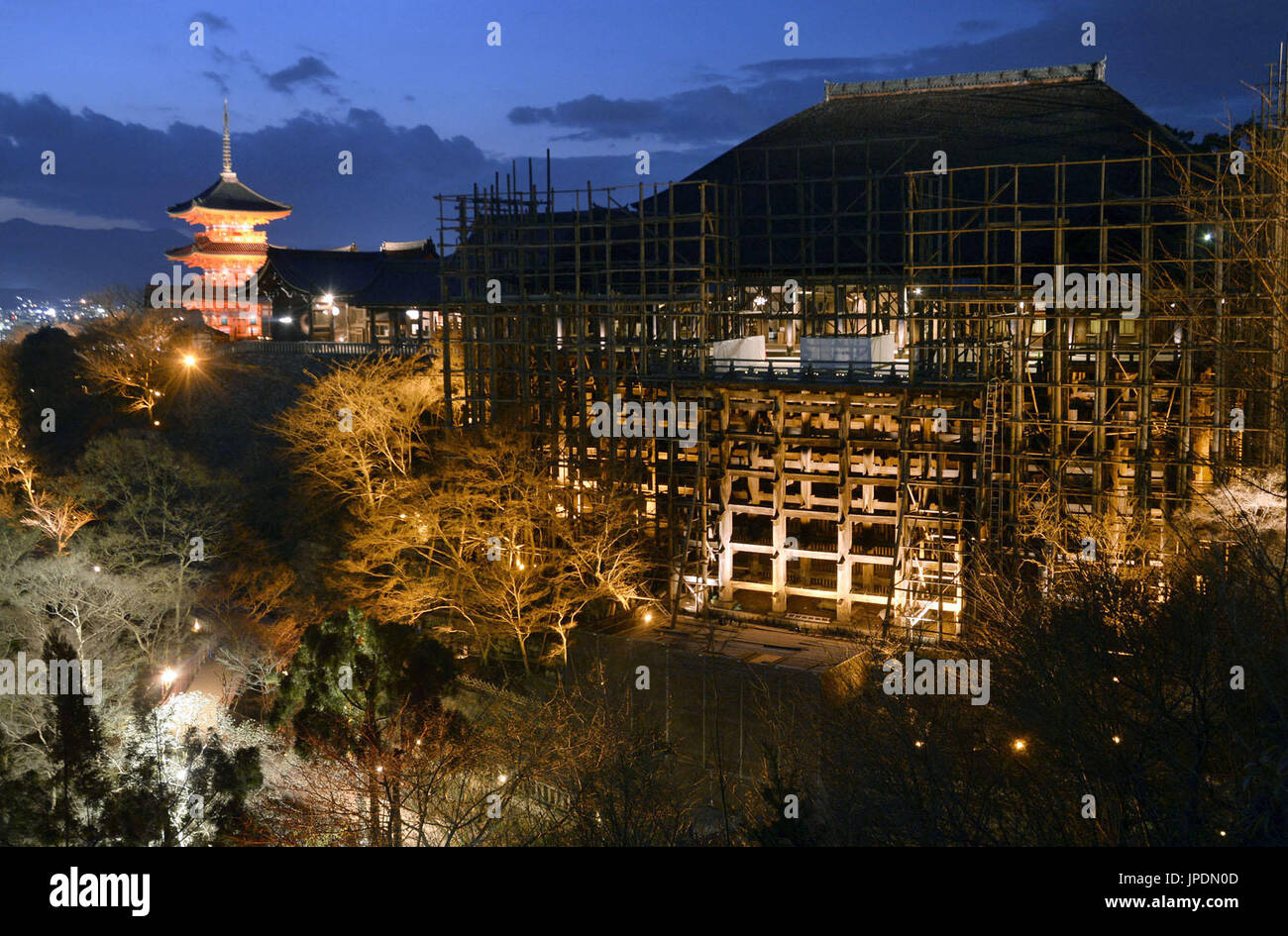 Kiyomizu Temple in Kyoto is lit up on March 24, 2017. The major tourist ...
