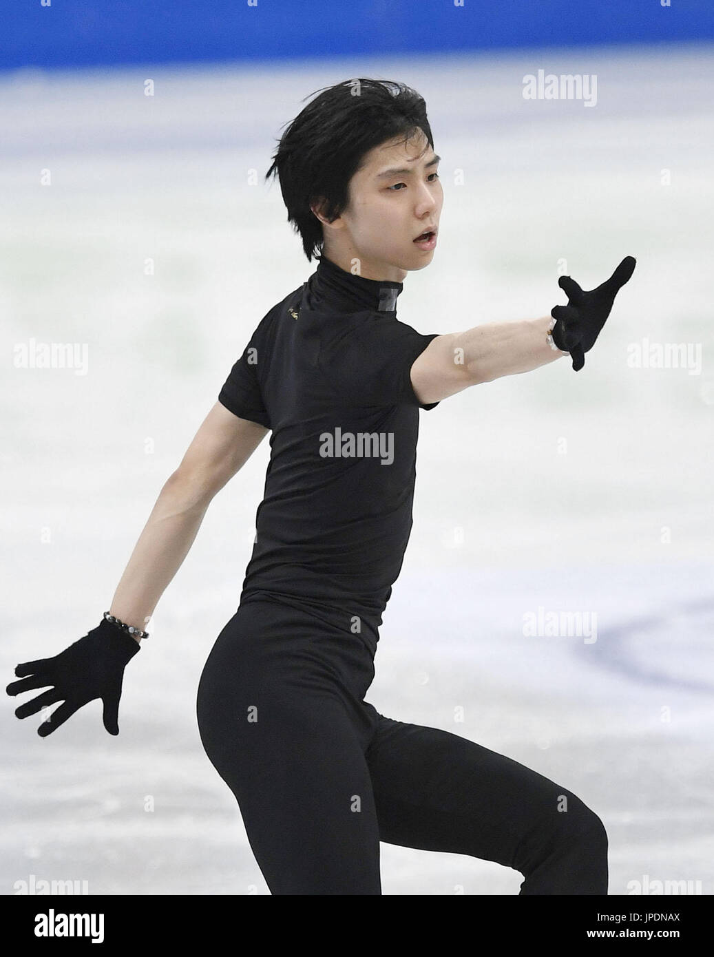 Japanese figure skater Yuzuru Hanyu works out during a practice session ...