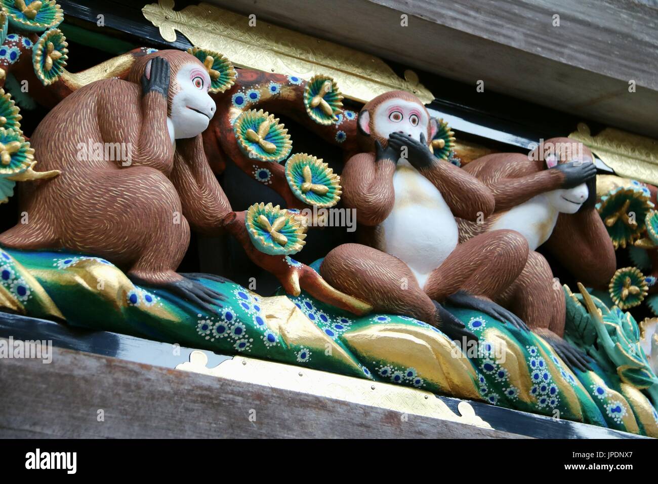 The "Sanzau" (Three Wise Monkeys) wooden carving at the Nikko Toshogu ...