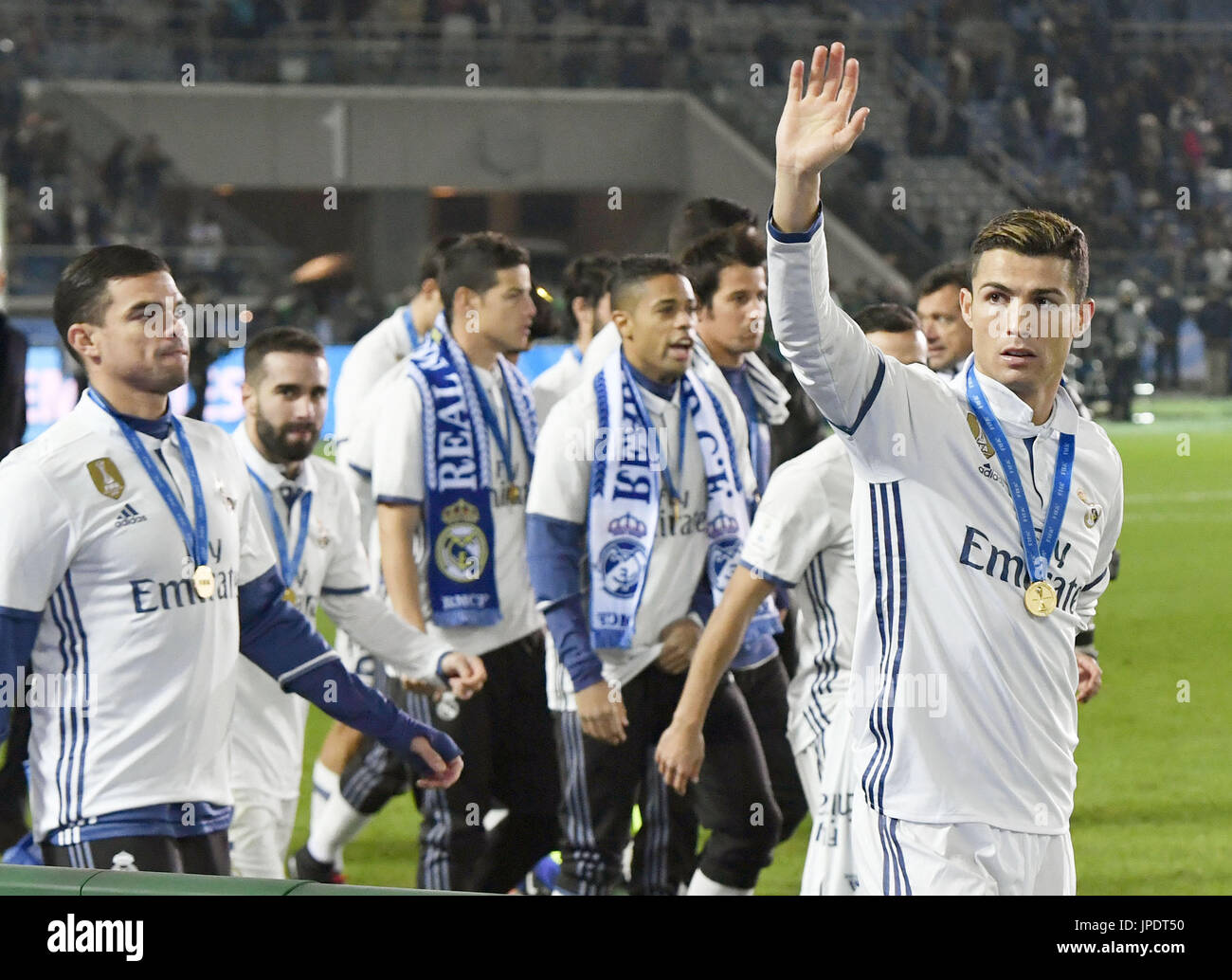 Real Madrid's Cristiano Ronaldo (far R) waves to the crowd after the ...
