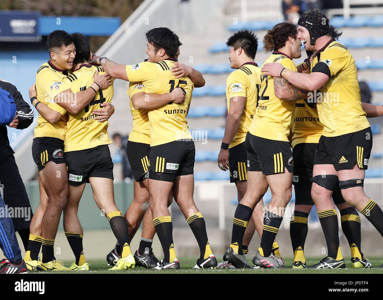 Suntory Sungoliath players celebrate after defeating Yamaha Jubilo 41-24 at Yamaha Stadium in ...
