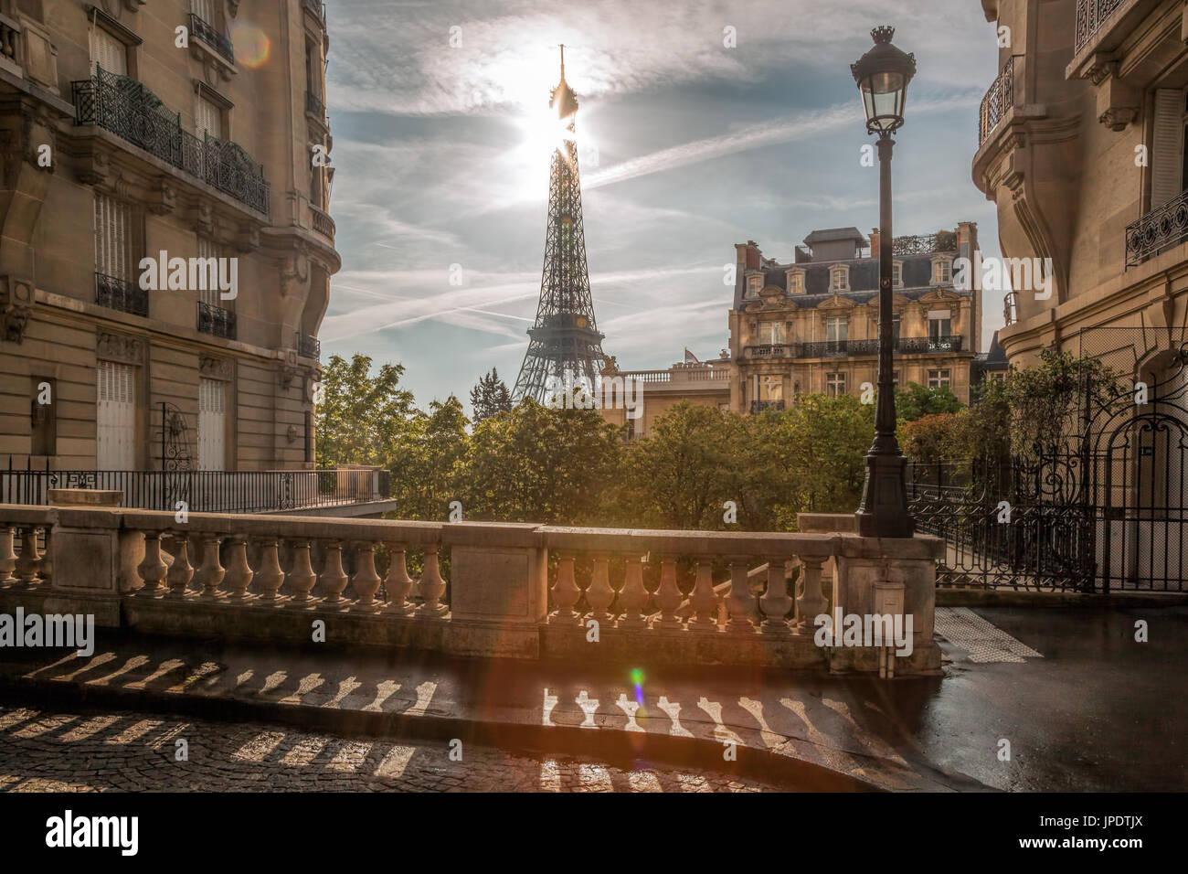 Romantic street view with Eiffel Tower in Paris, France Stock Photo - Alamy