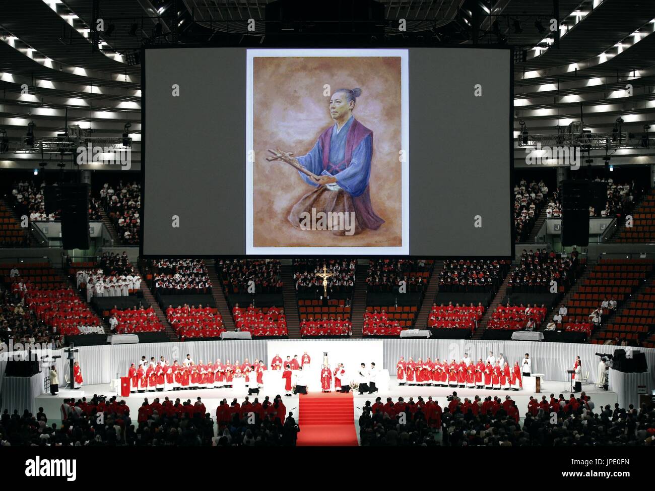 A portrait of Takayama Ukon, a Japanese Christian warlord, is screened ...