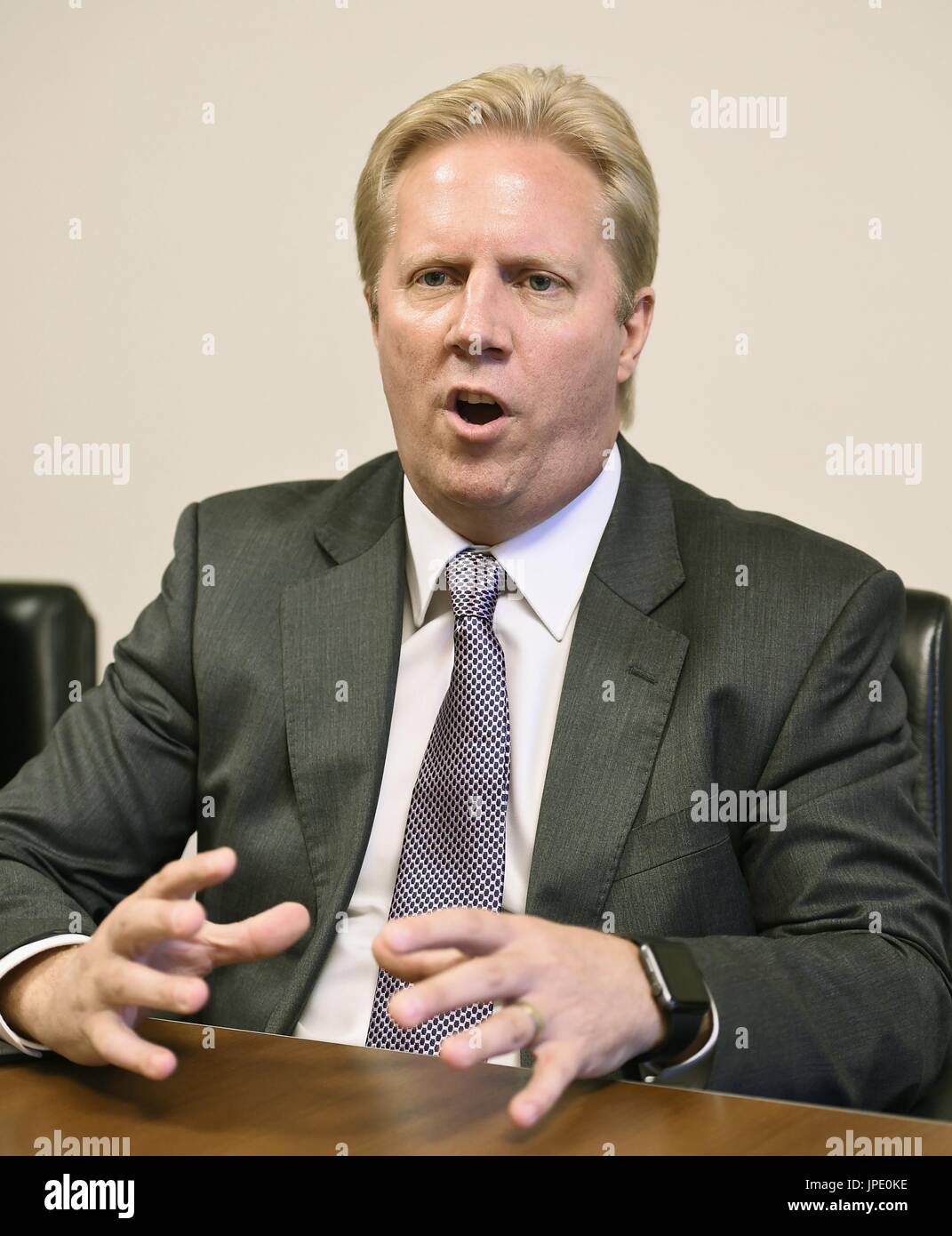 New Zealand Trade Minister Todd McClay gives an interview to Kyodo News ...