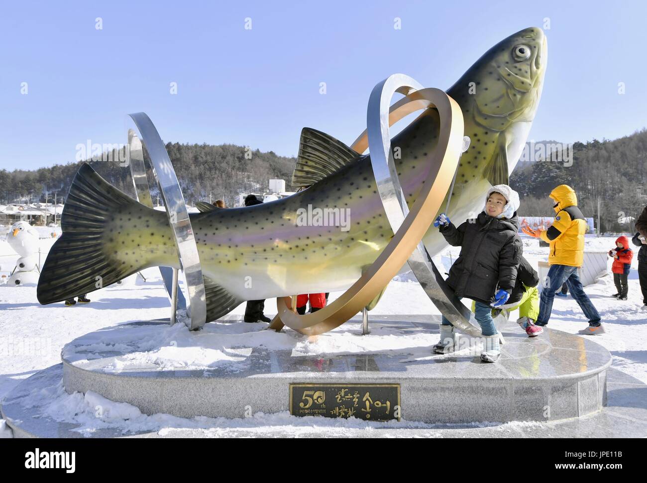 A large trout sculpture is displayed at a trout festival on Jan. 22 ...