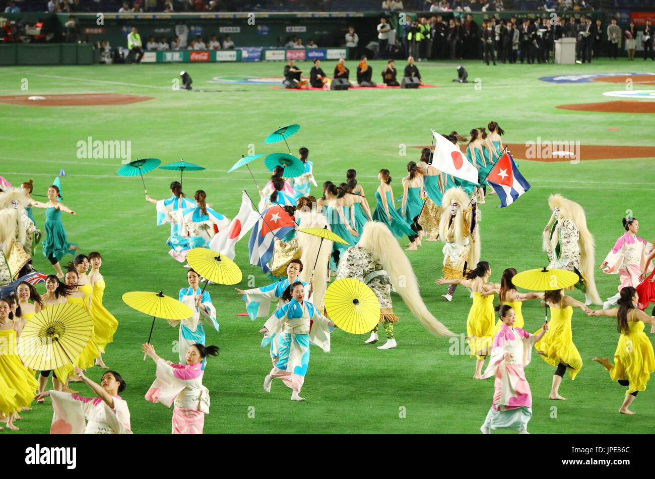 Dancers perform during an opening ceremony at Tokyo Dome in Tokyo on ...