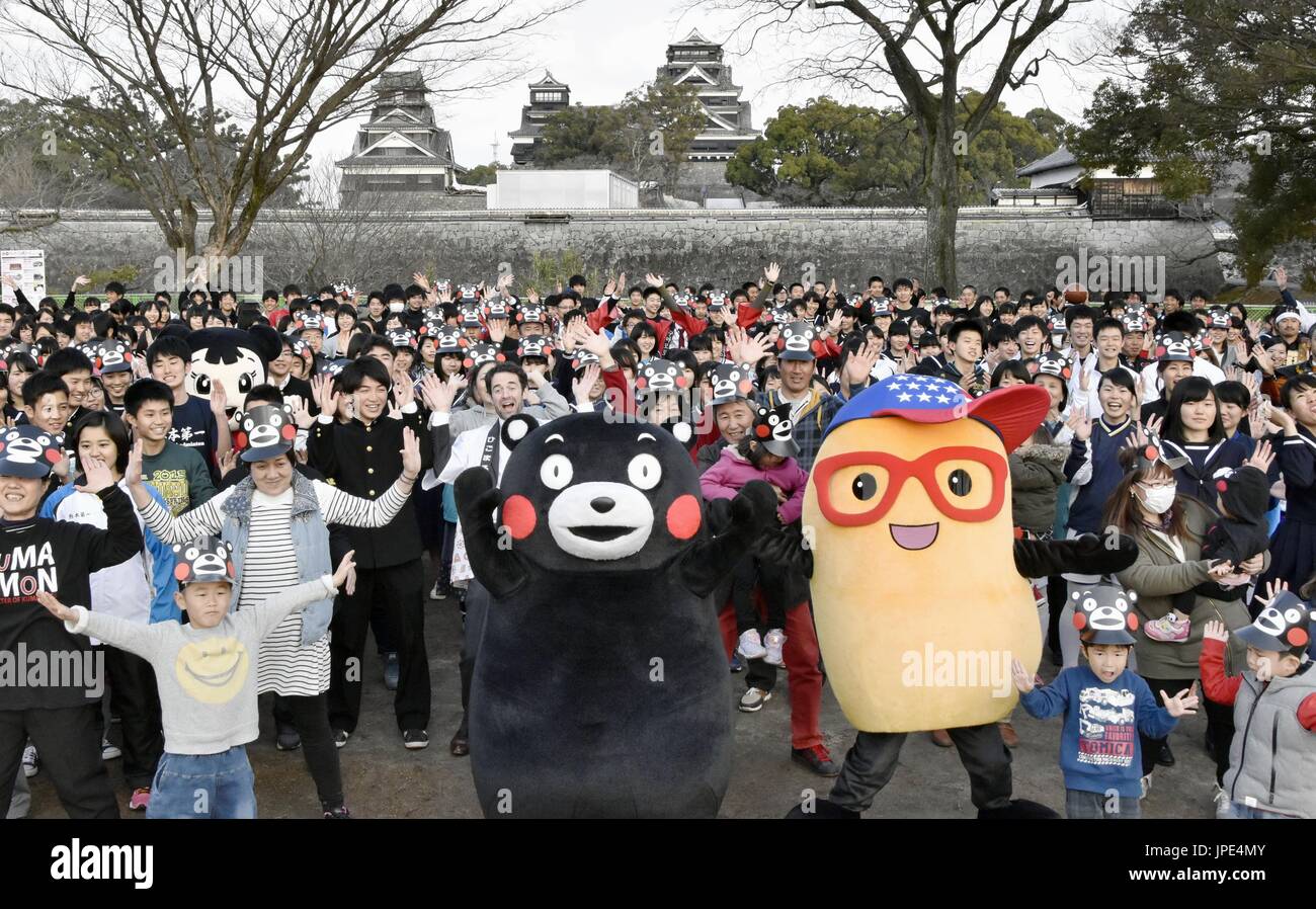 Kumamon (L), the popular black bear mascot of the southwestern Japan prefecture of Kumamoto ...