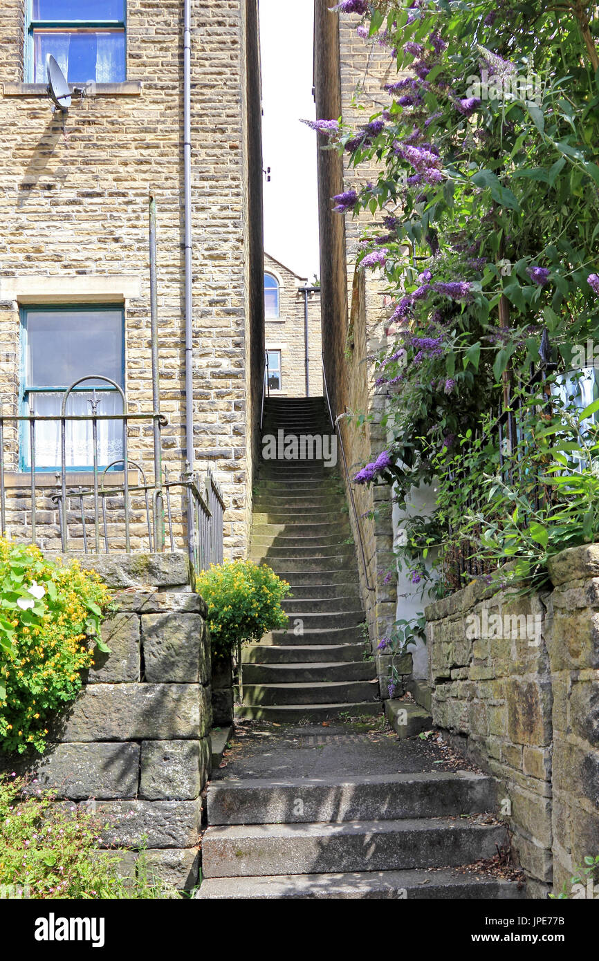 Steep, narrow stone steps between ends of rows of terraced houses ...
