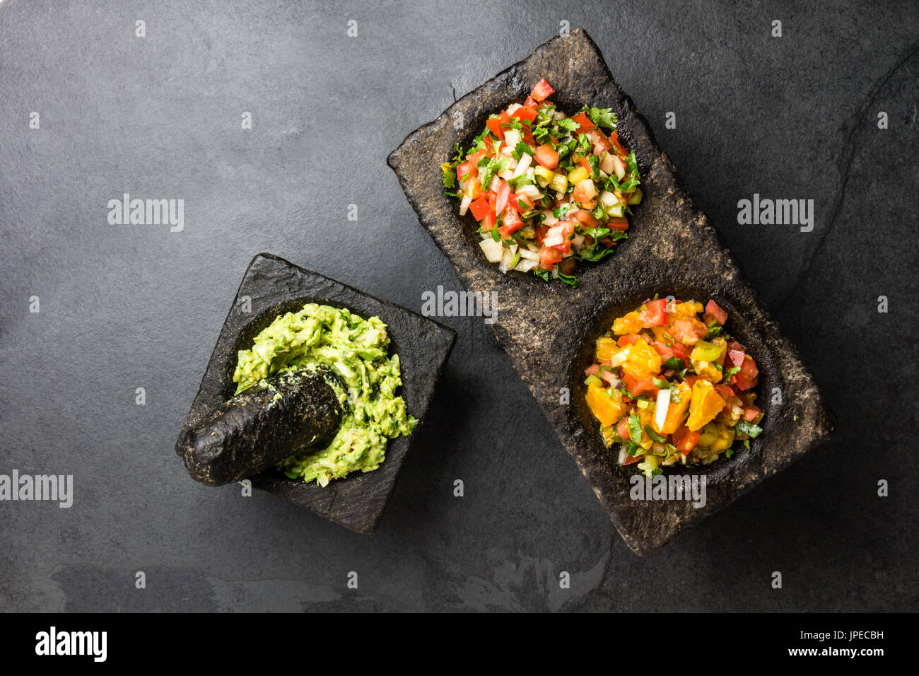 Famous mexican sauces salsas - pico de gallo, avocado guacamole, salsa ...