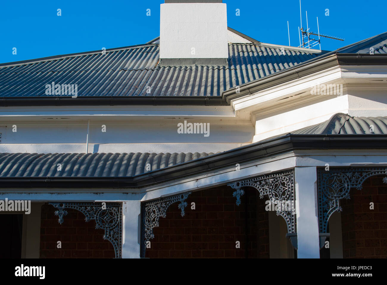 The Victorian design steel roof line of an 1880's home in country New ...