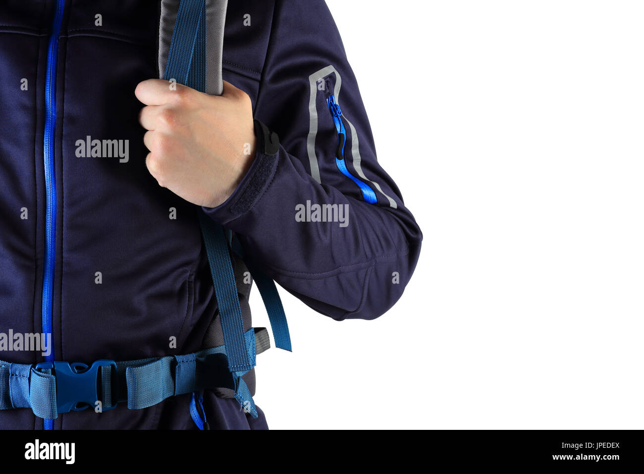 Mans hand on backpack isolated on white background. Close-up of arm ...