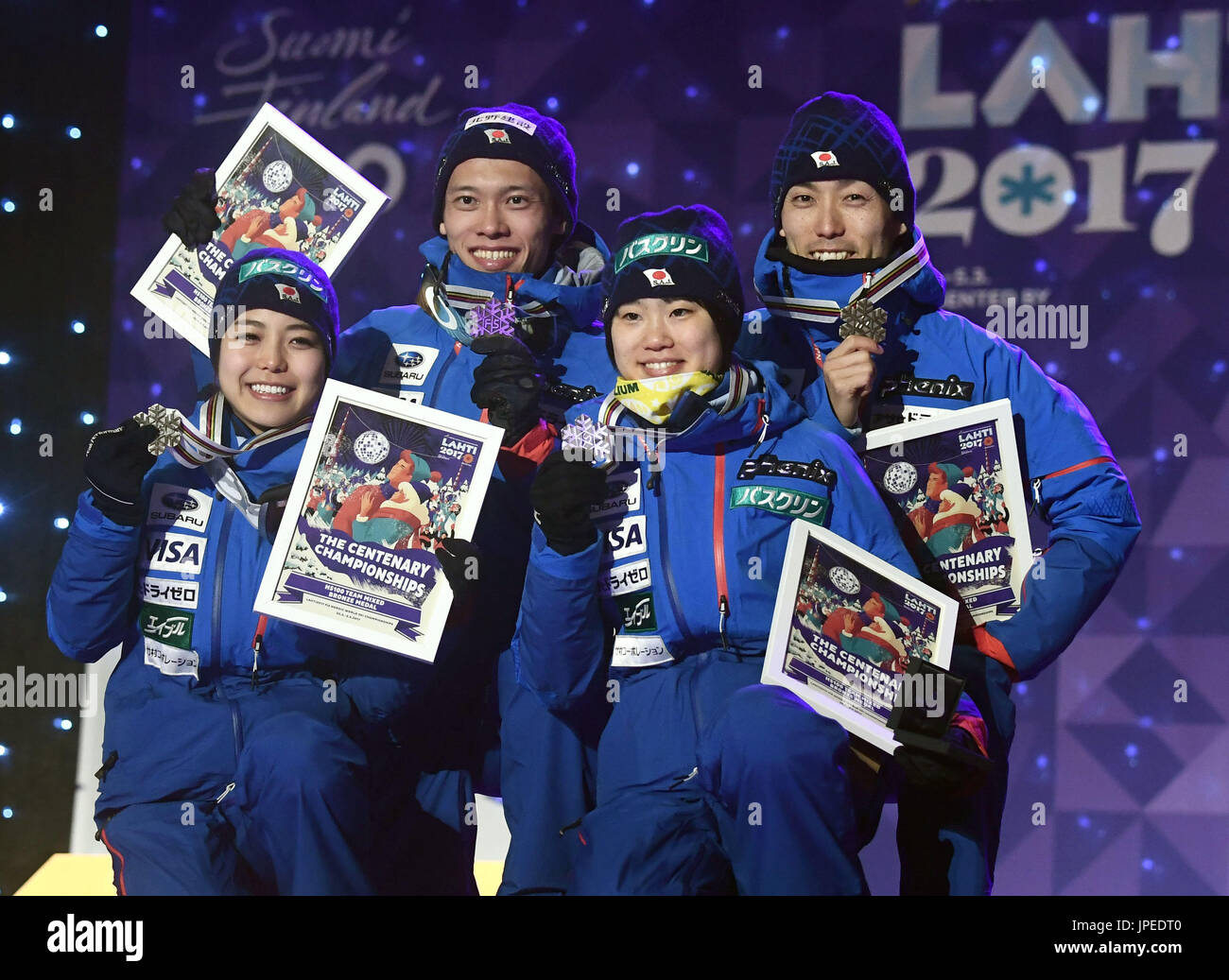 (From L) Japanese ski jumpers Sara Takanashi, Taku Takeuchi, Yuki Ito ...
