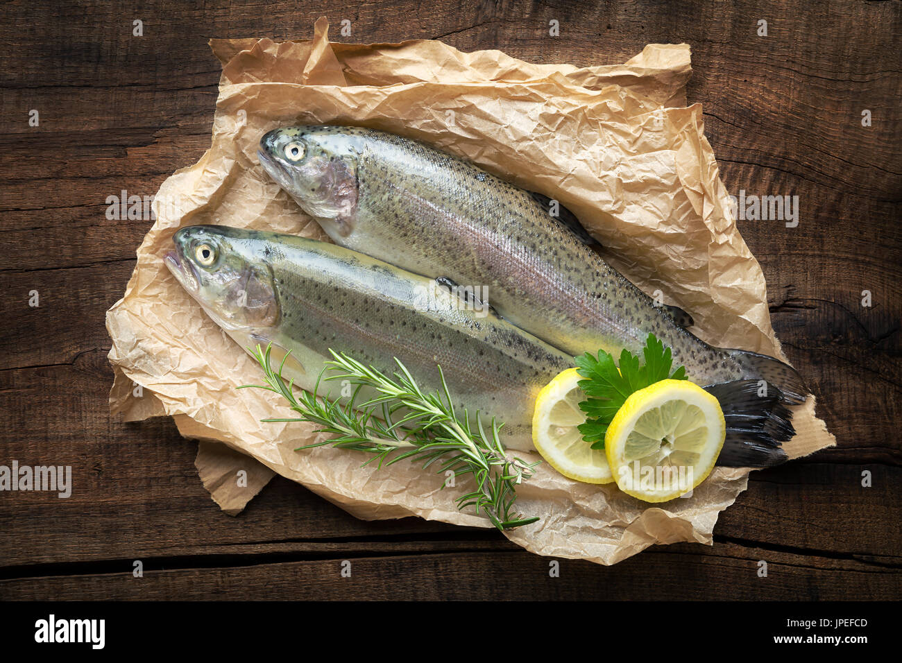 Uncooked trout fish on parchment paper with rosemary and lemon against ...