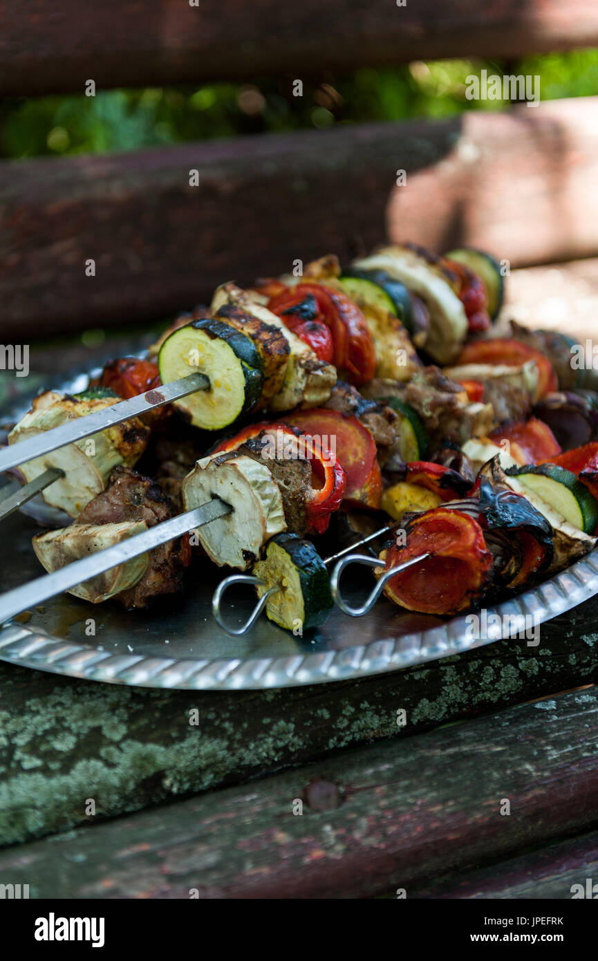 Meat and vegetable skewers for a party Stock Photo - Alamy