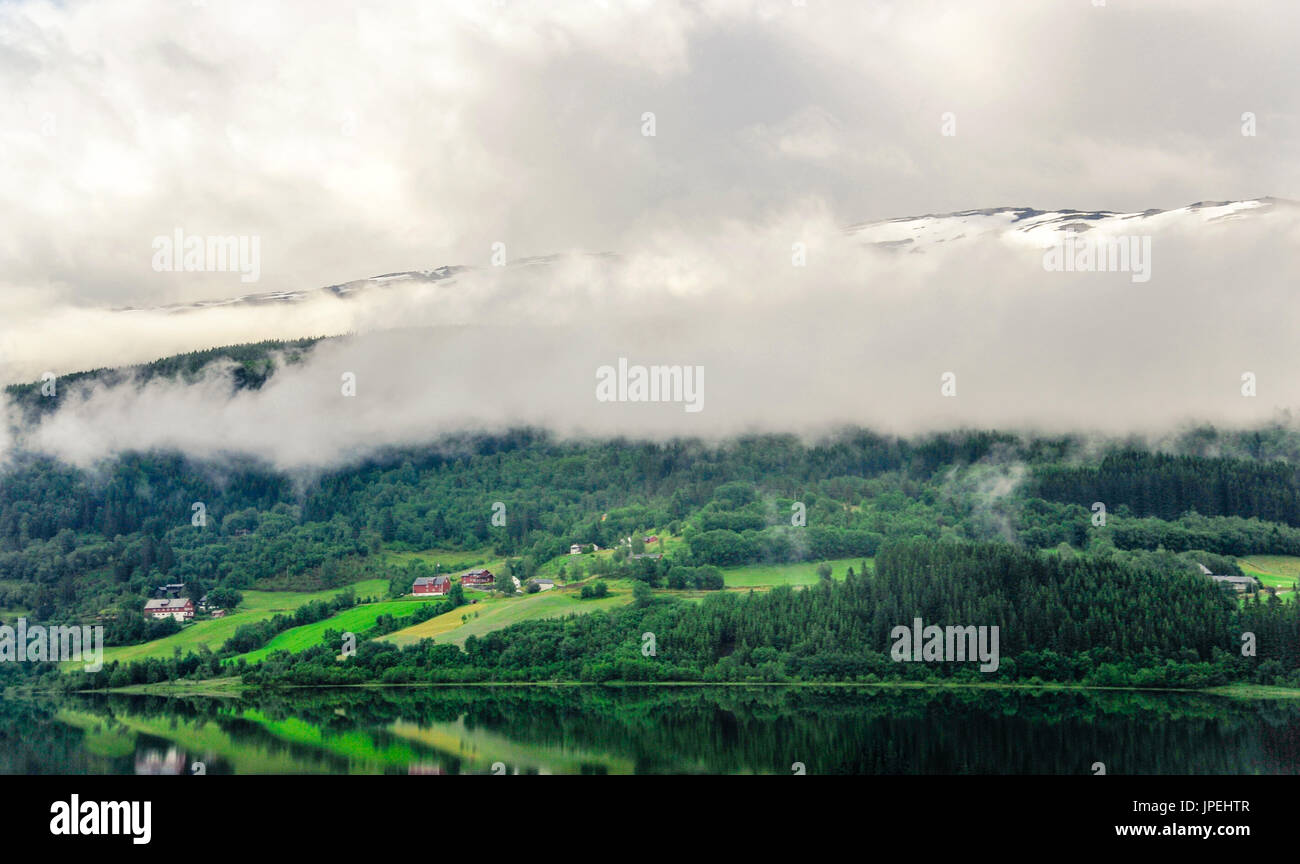 Beautiful Norway landscape and scenery view of fjord, green hills and ...
