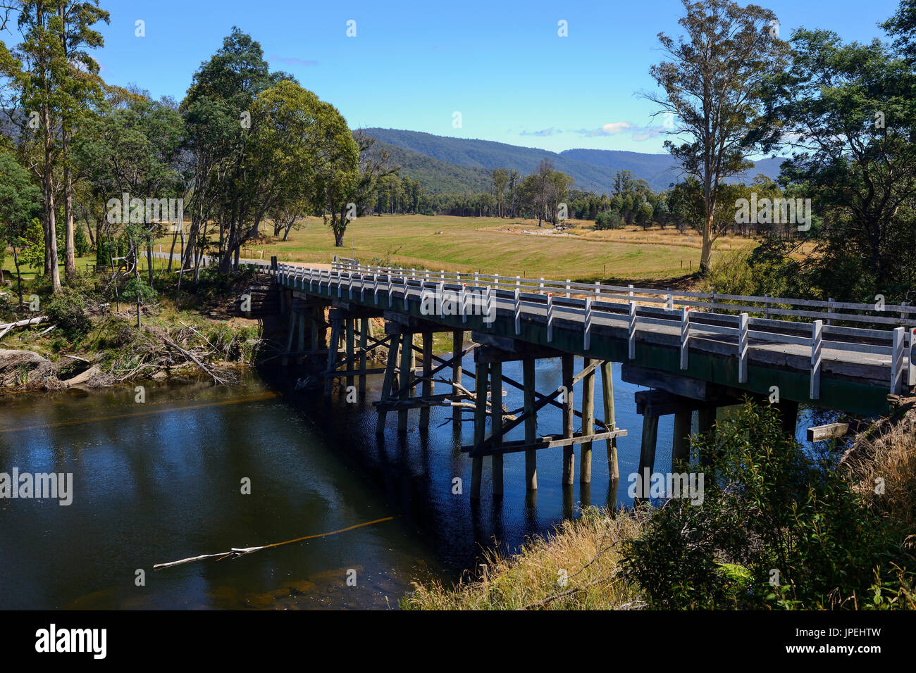 Trestle bridge over Mersey River on Liena Road in Northern Tasmania ...