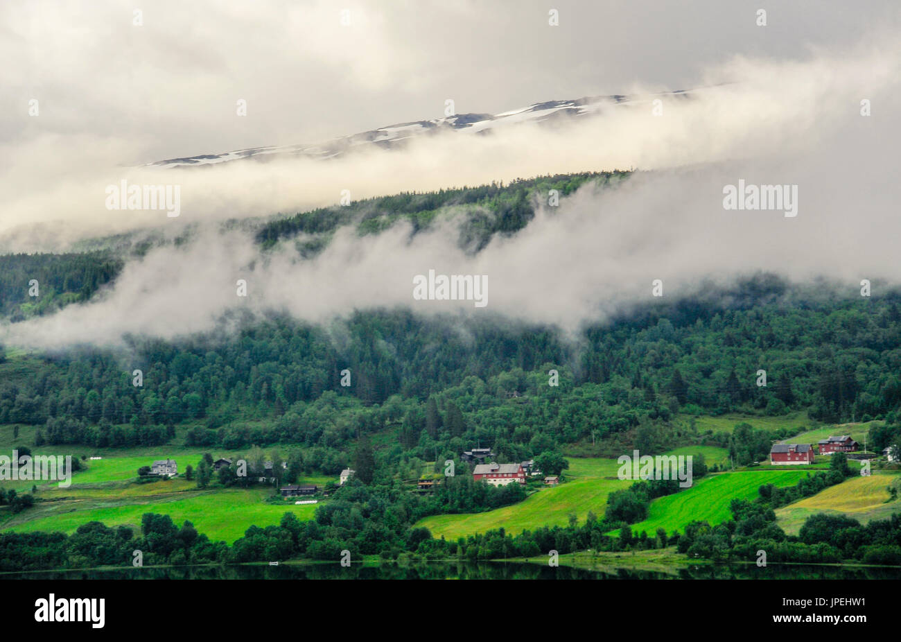 Beautiful Norway landscape and scenery view of fjord, green hills and ...