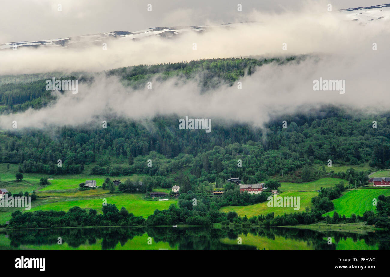Beautiful Norway landscape and scenery view of fjord, green hills and ...
