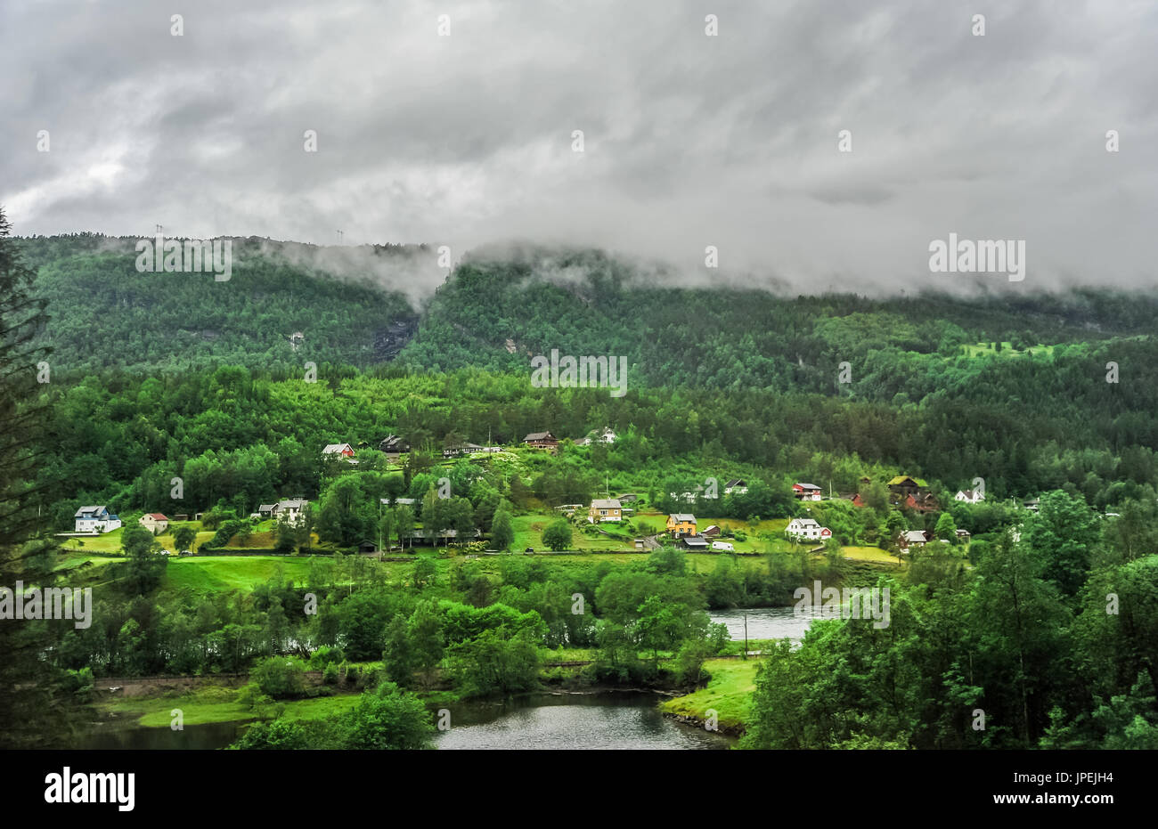 Beautiful Norway landscape and scenery view of fjord, green hills and ...