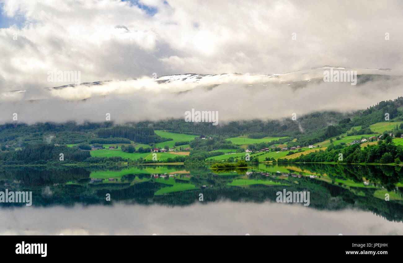 Beautiful Norway landscape and scenery view of fjord, green hills and ...