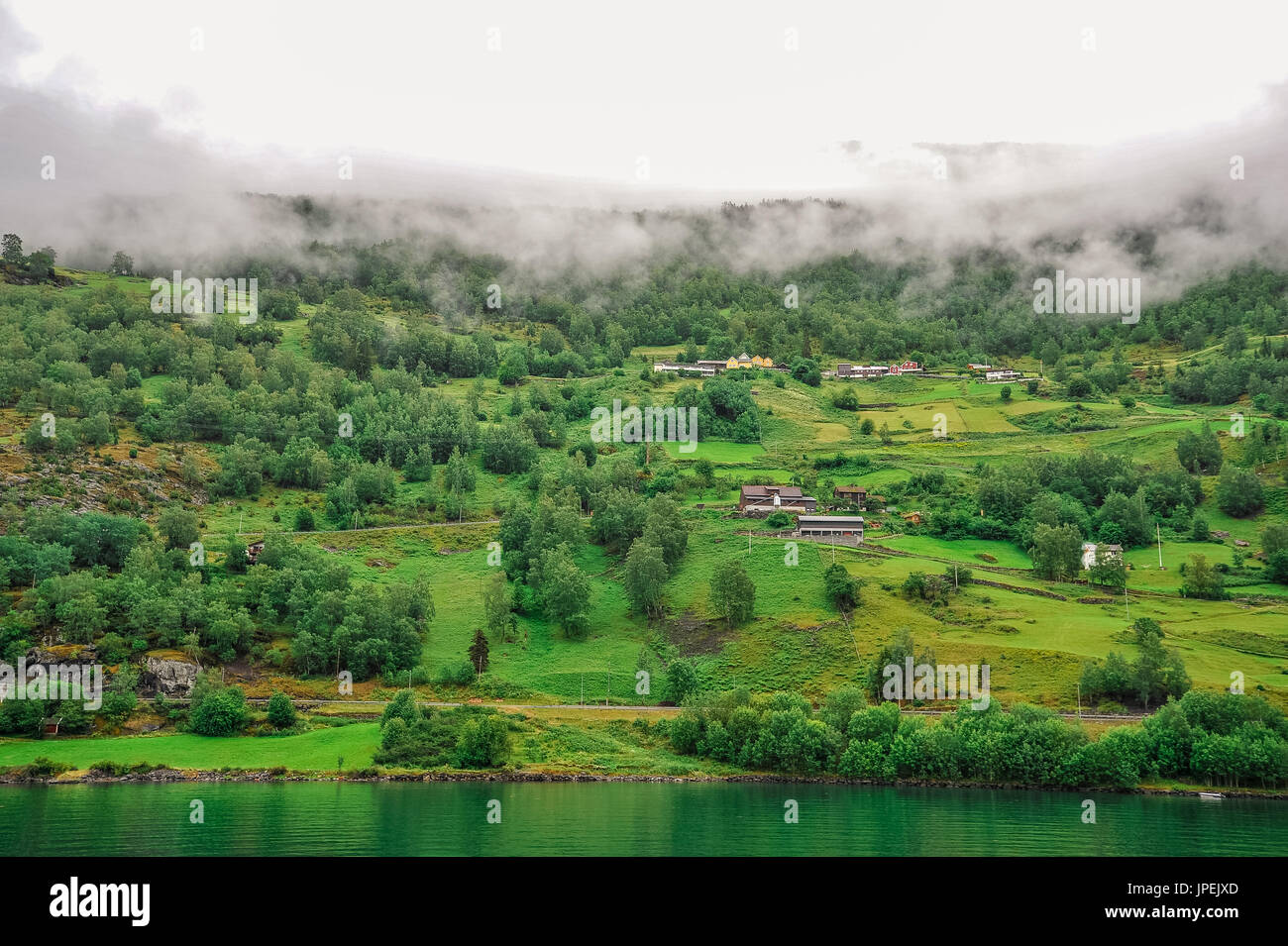Beautiful Norway landscape and scenery view of fjord, green hills and ...