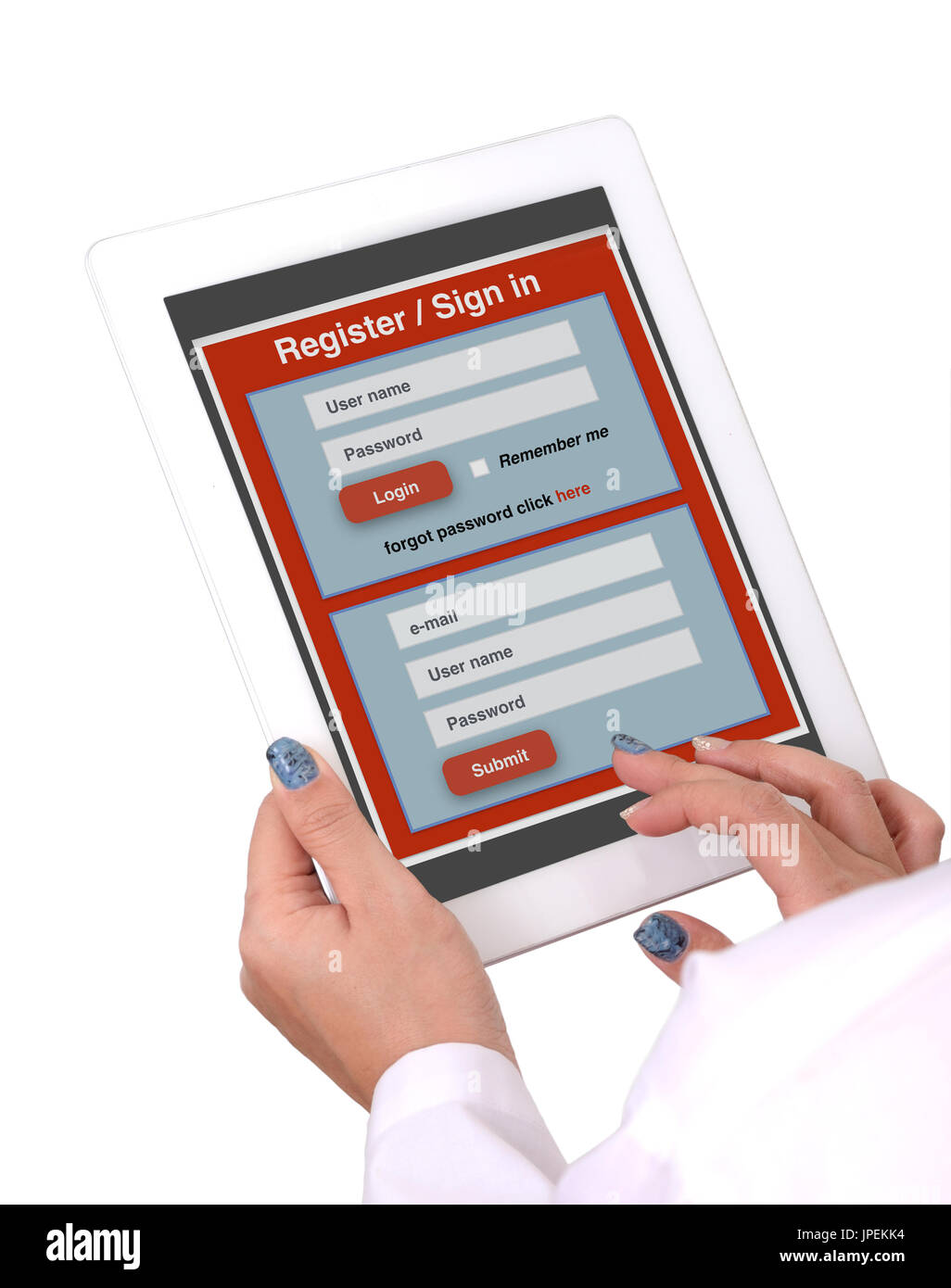 Someone's hands holding tablet and try to log in network on white ...