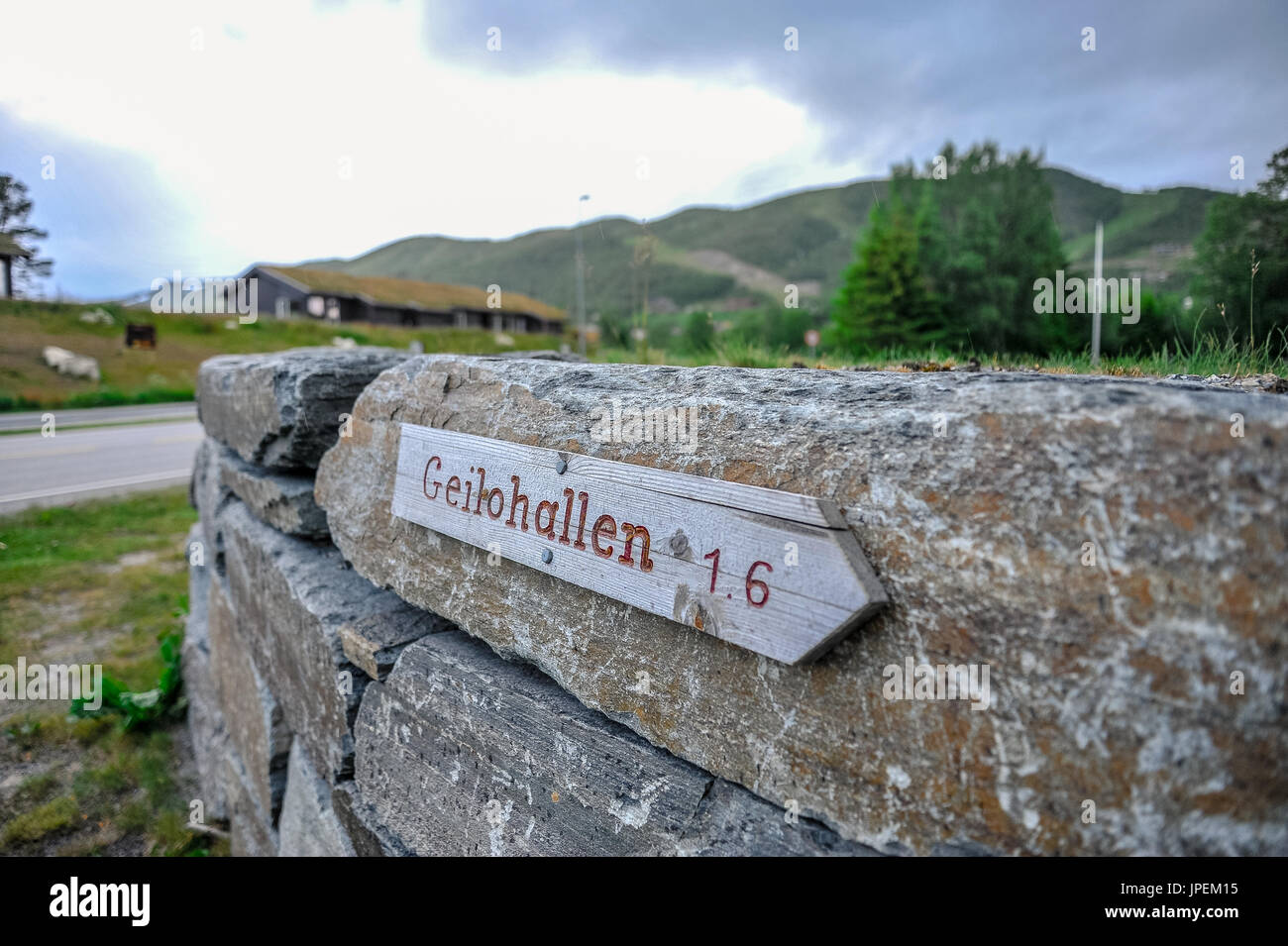 GEILO, NORWAY - JULY 19: Geilohallen small signage in the city of Geilo ...