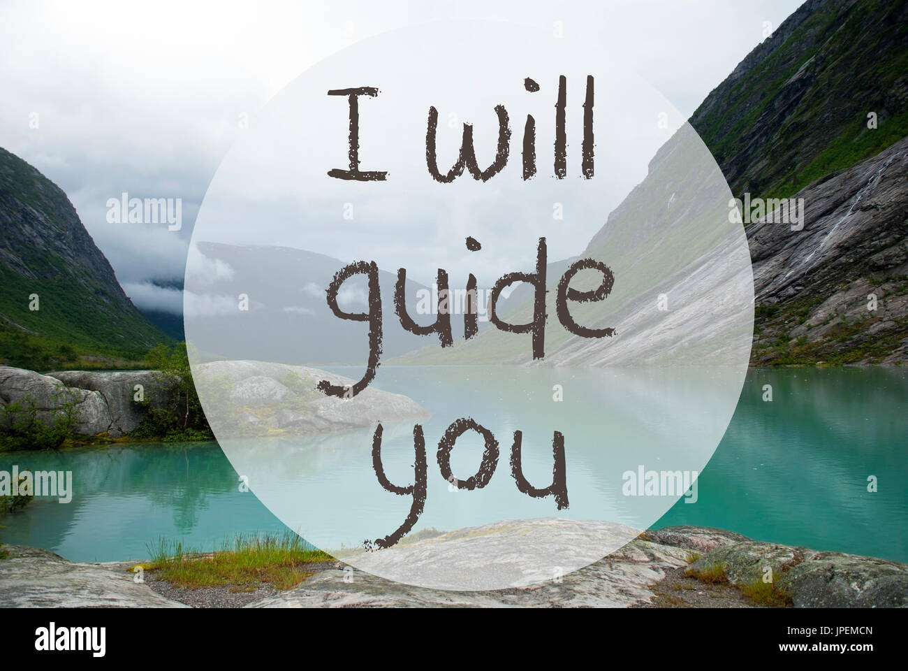 English Text I Will Guide You. Lake With Mountains In Norway. Cloudy ...