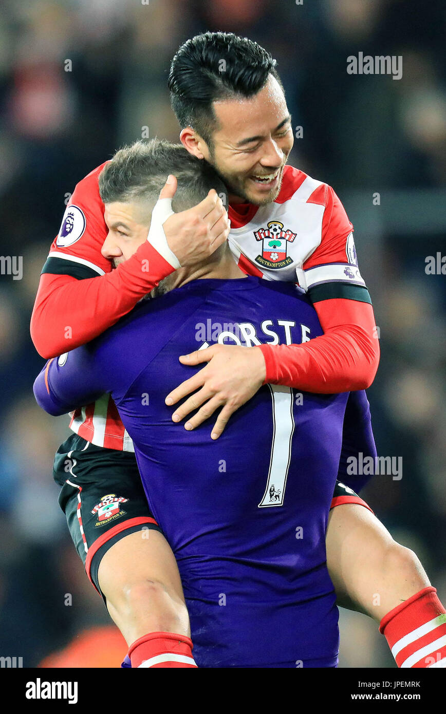 Southampton defender Maya Yoshida (top) is congratulated by goalkeeper ...