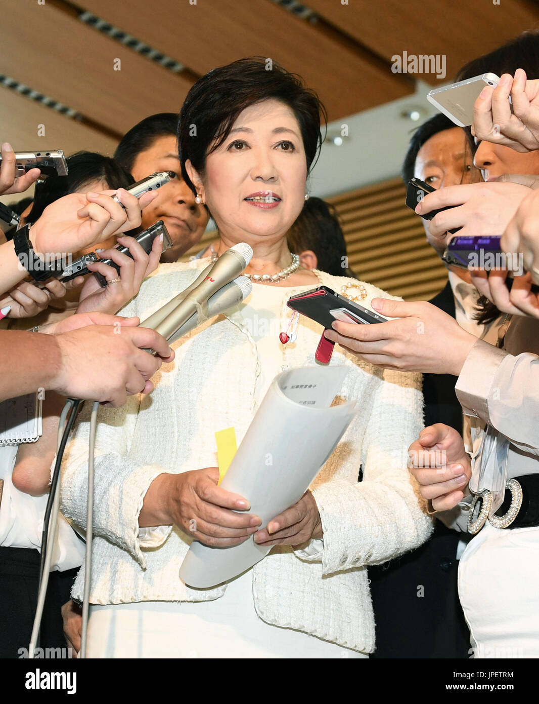 Tokyo Gov. Yuriko Koike speaks to reporters at the prime minister's ...