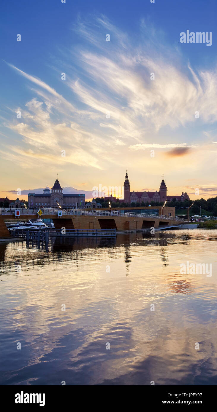 Szczecin marina and Chrobry Embankment at sunset, Poland Stock Photo ...