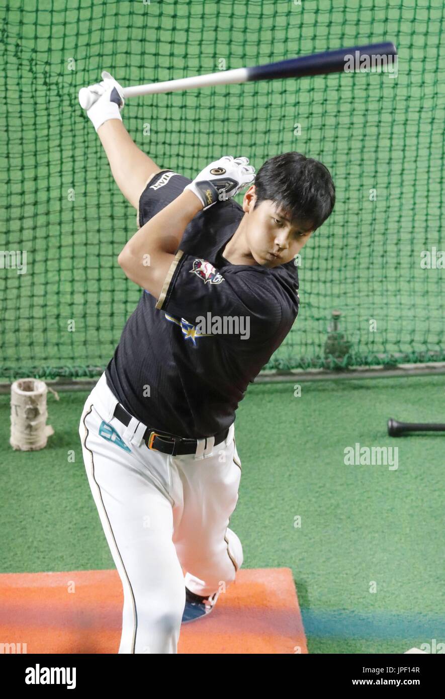 Nippon Ham Fighters' two-way star Shohei Otani practices batting during ...