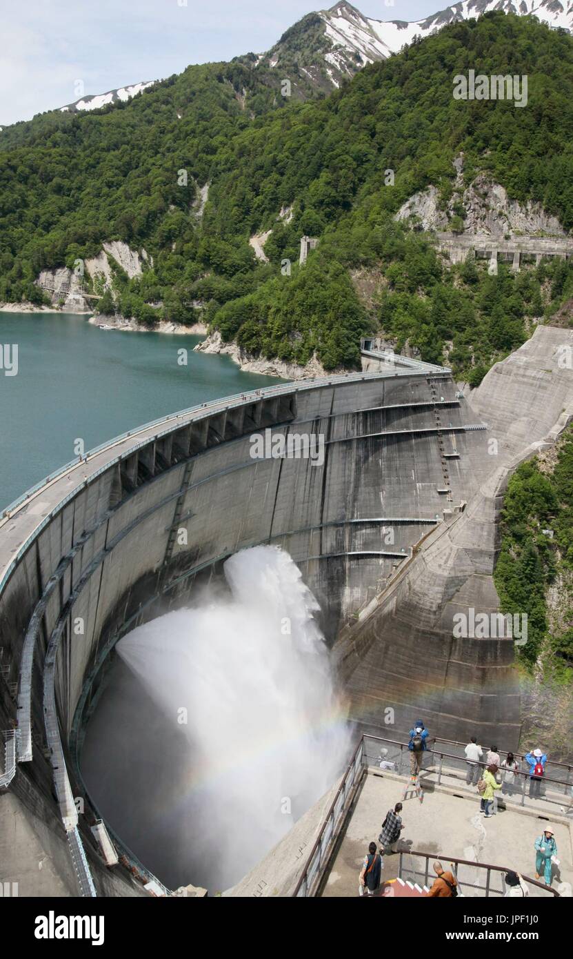 Annual water discharge begins at Kurobe Dam in the town of Tateyama ...