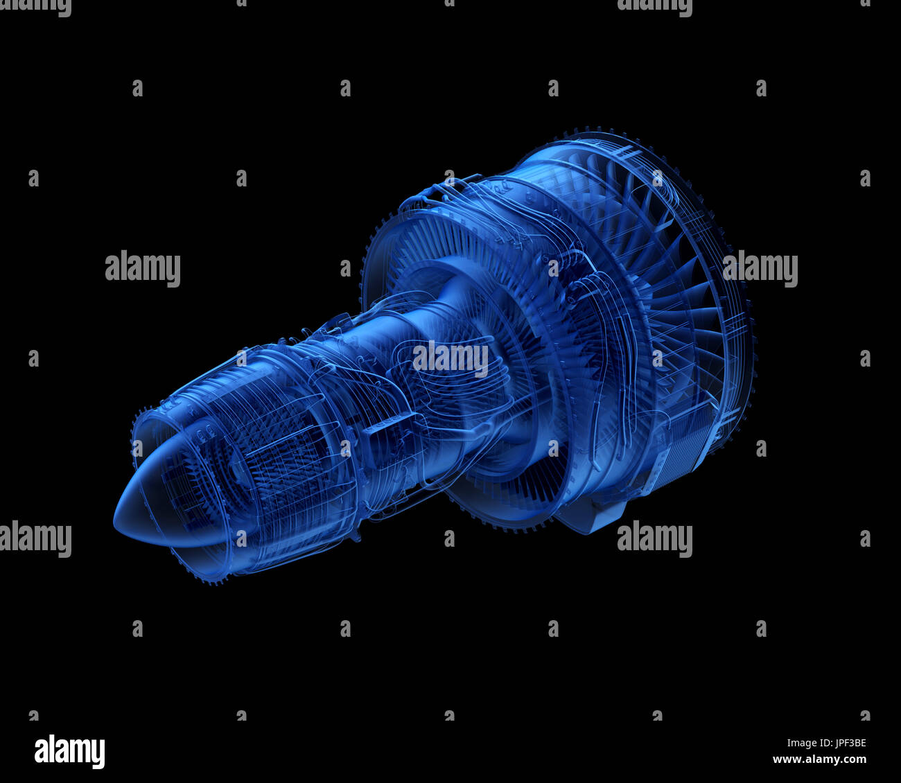 X-ray style turbofan jet engine isolated on black background. 3D ...