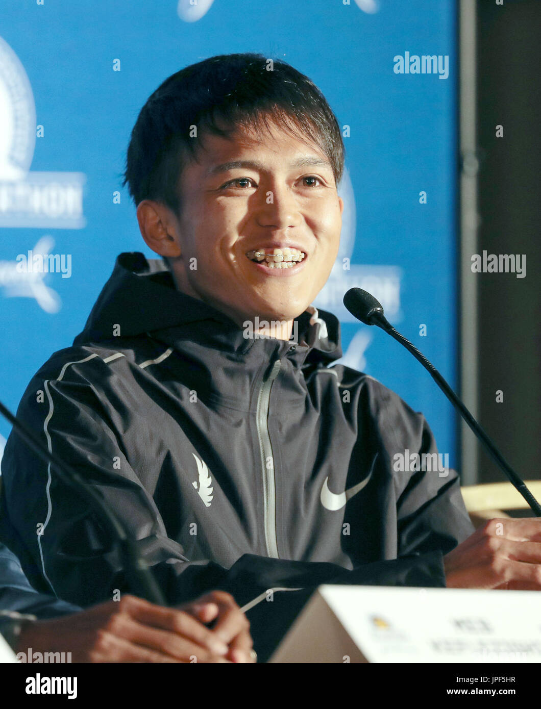 Suguru Osako of Japan attends a press conference in Boston on April 17 ...