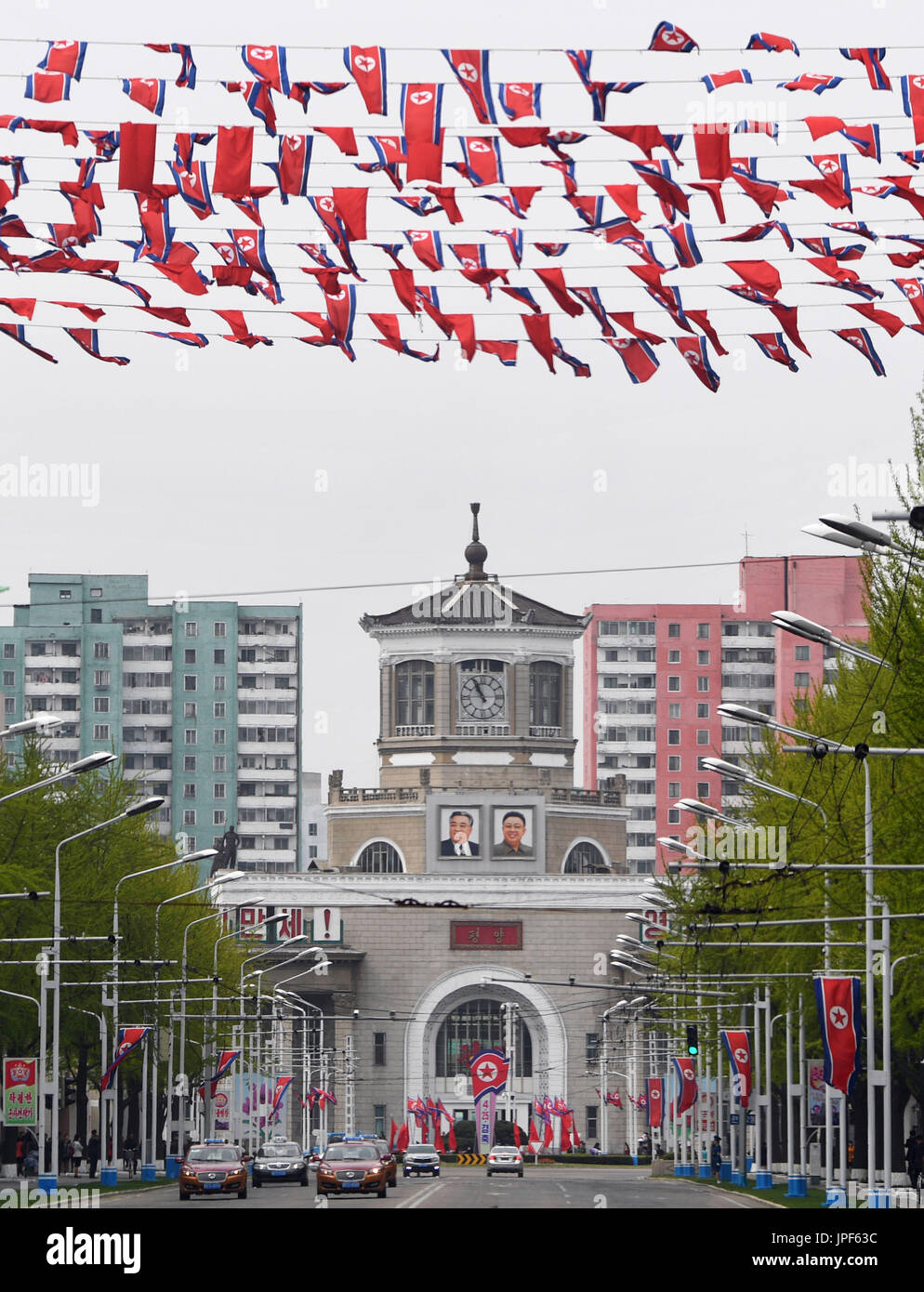North Korean national flags bedeck the streets of Pyongyang on April 24 ...