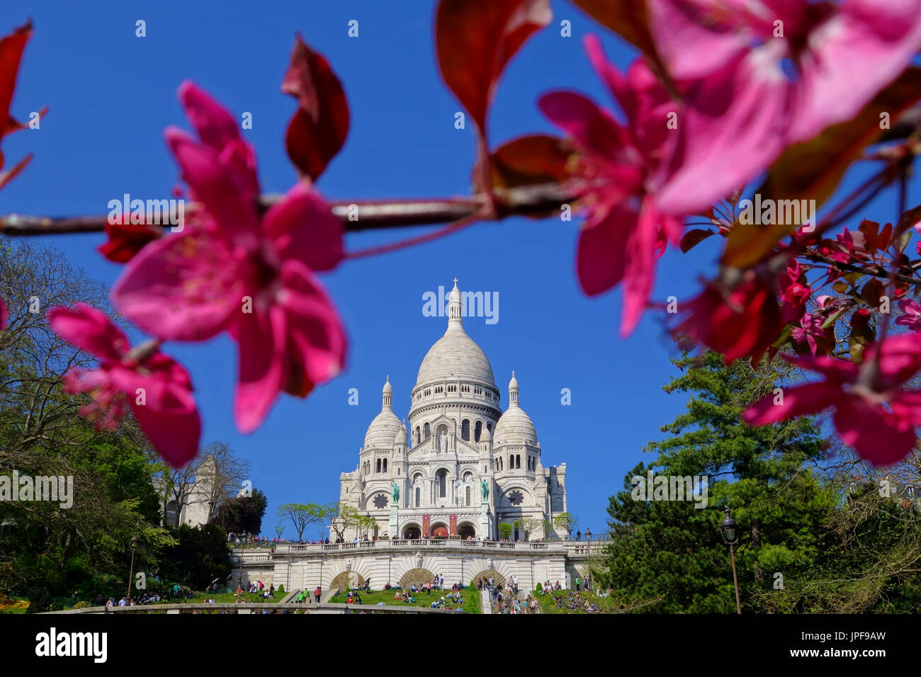 Famous Sacre Coeur Cathedral during spring time in Paris, France Stock ...