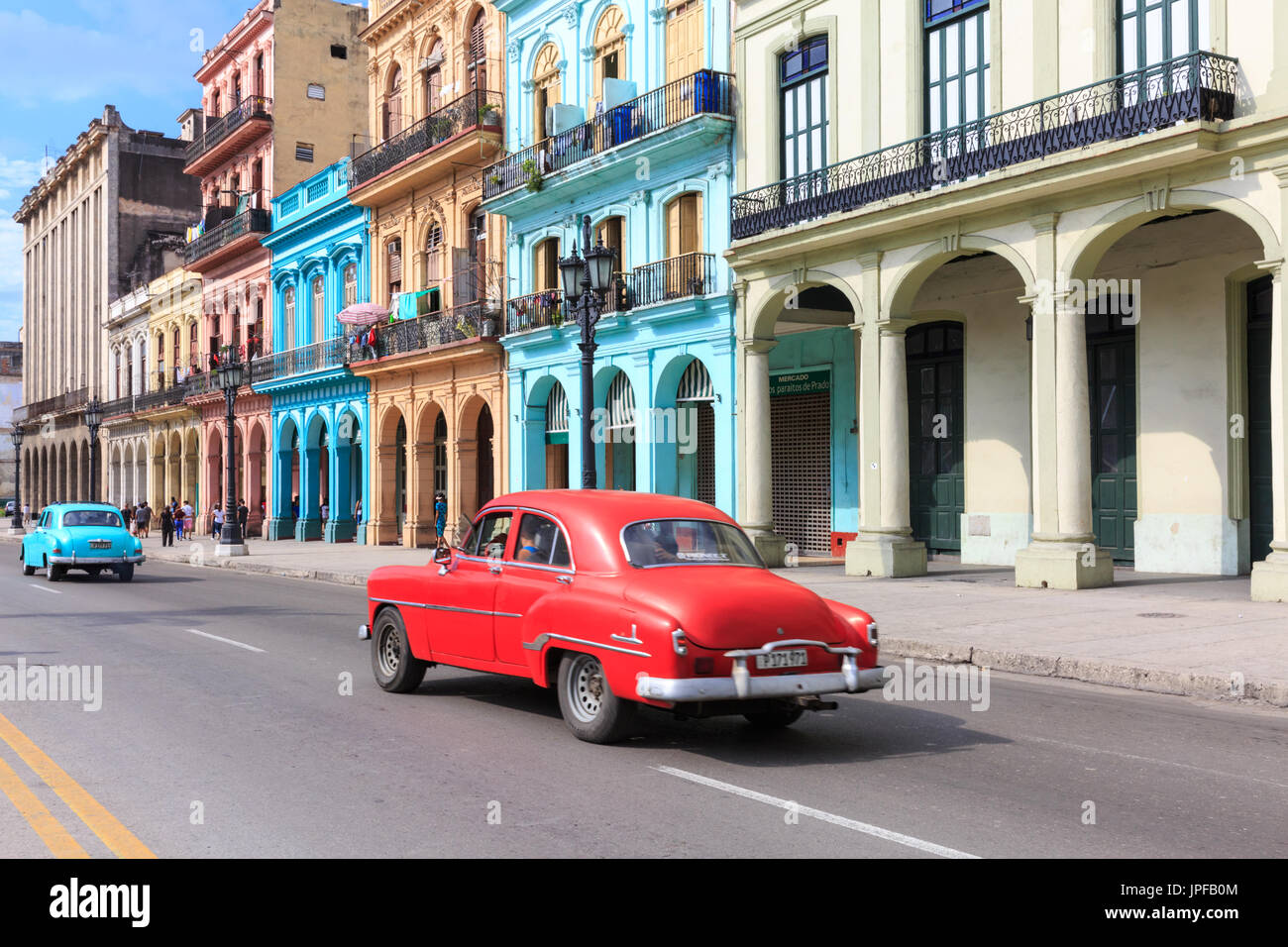 Havana street scene, vintage American classic cars on Paseo de Marti ...