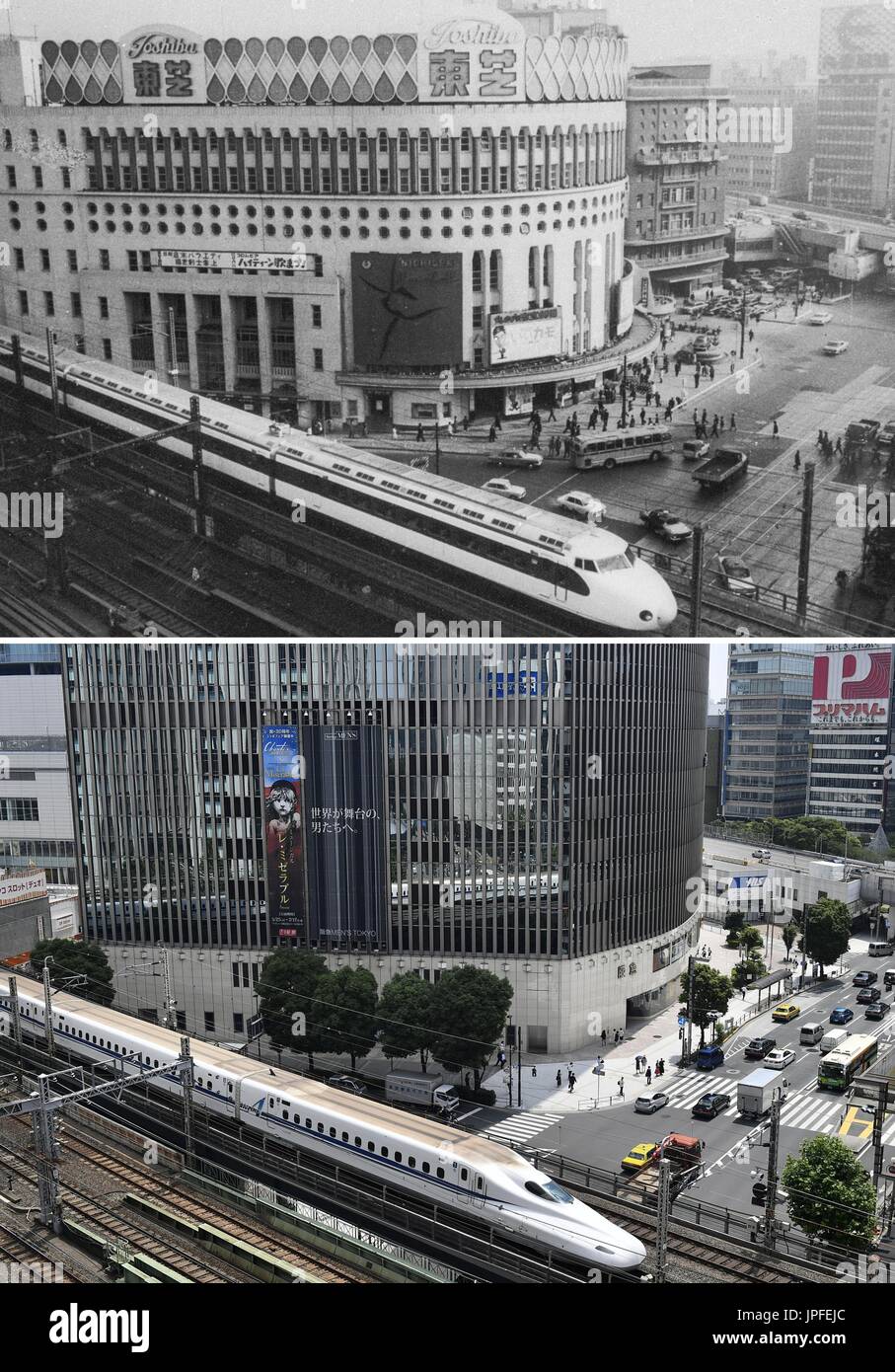 Combination photo taken from a building rooftop shows a shinkansen ...