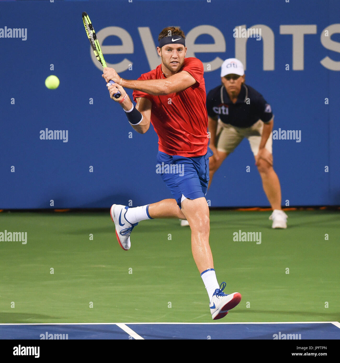 Washington, D.C, USA. 1st Aug, 2017. JACK SOCK stretches for a backhand ...