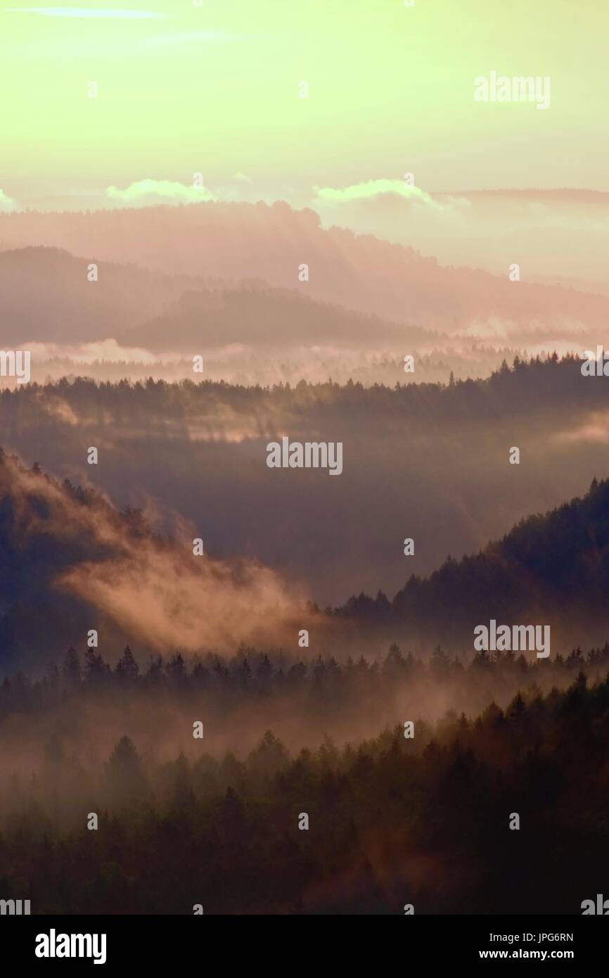 Marvelous red awakening. Misty beautiful valley. Peaks of hills are ...