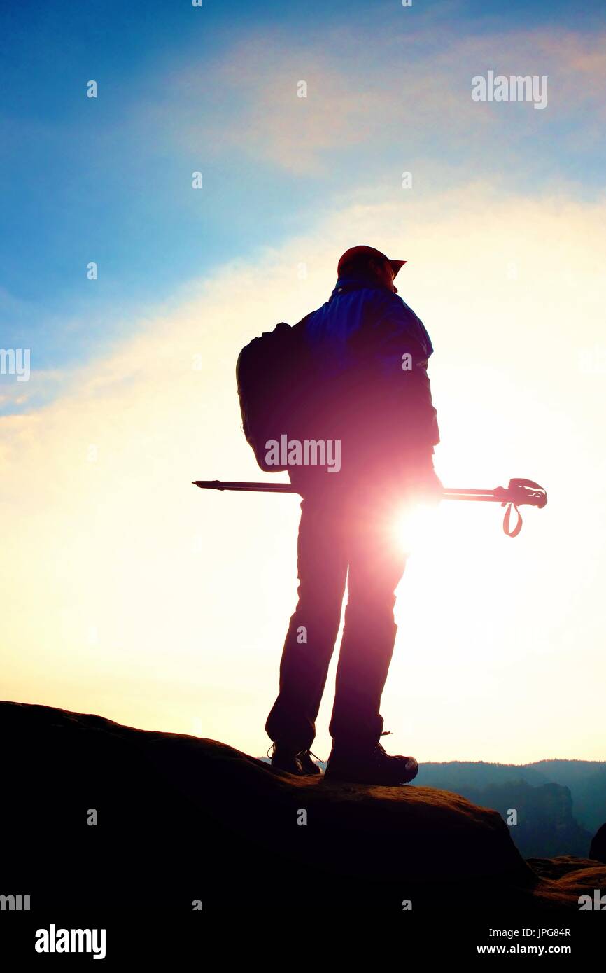 Man hikerwith trakking poles stand on mountain peak rock. Small pine ...