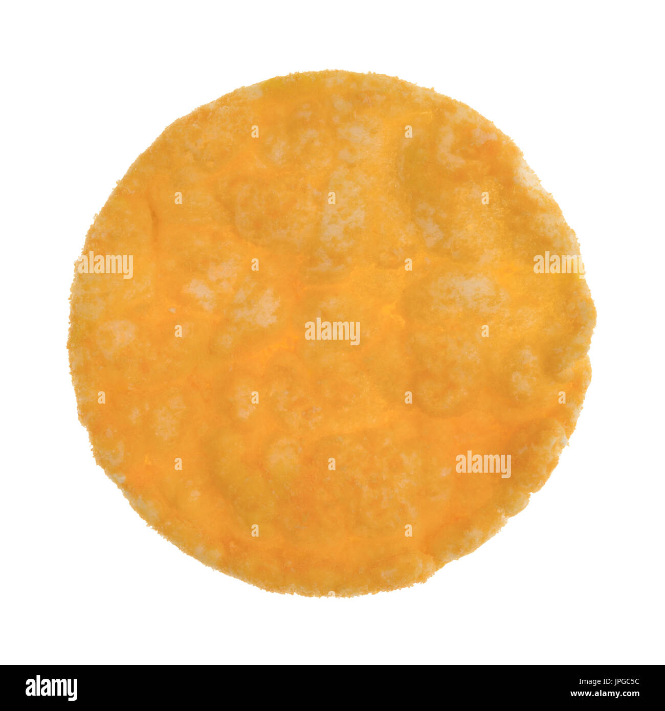 Top view of a single cheddar cheese rice cake isolated on a white ...