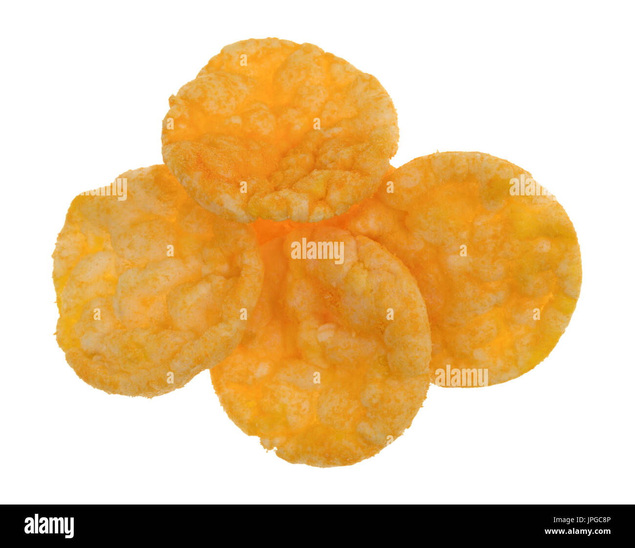 Top view of cheddar cheese rice cakes isolated on a white background ...
