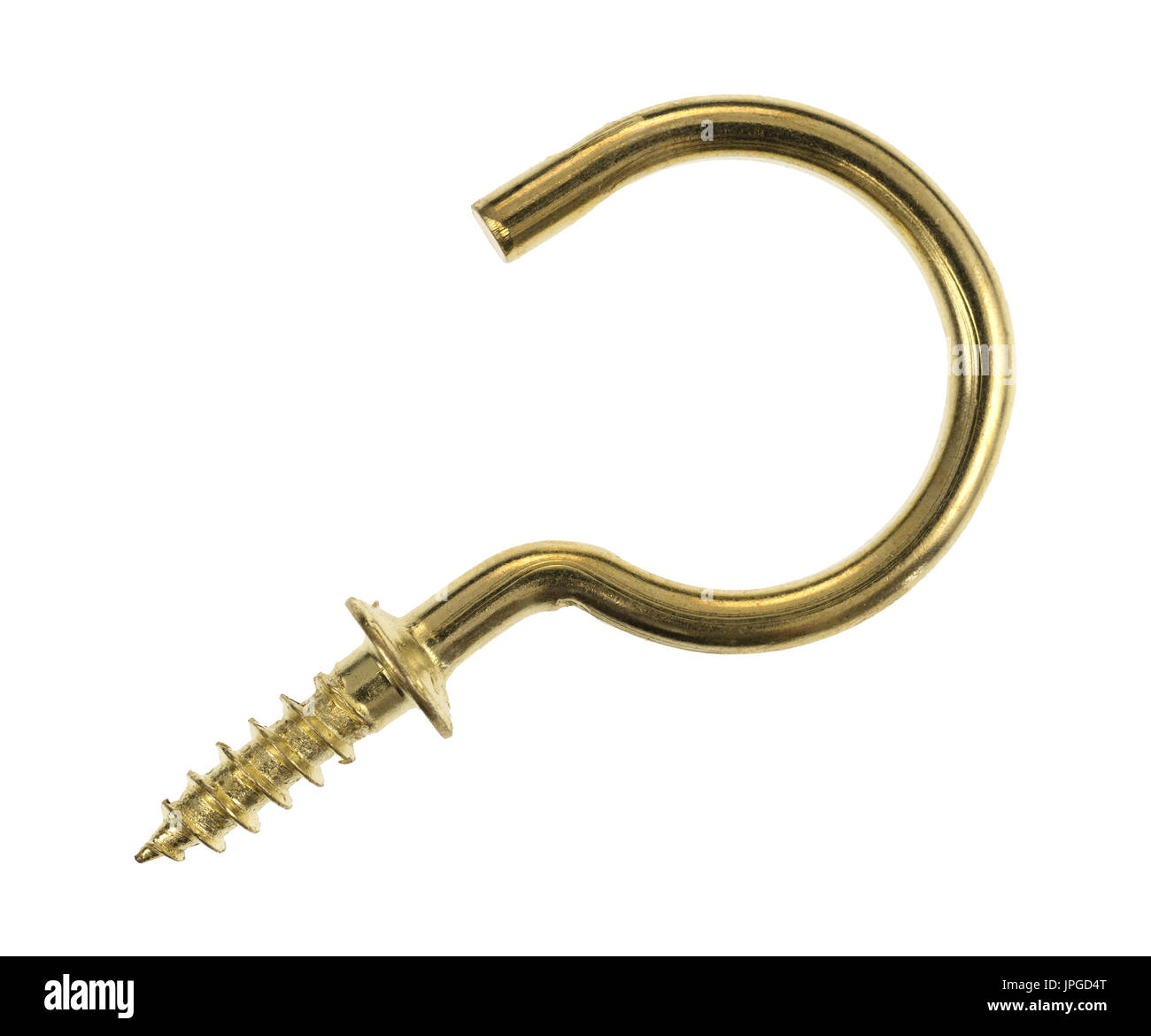 A single large brass cup hook isolated on a white background Stock ...