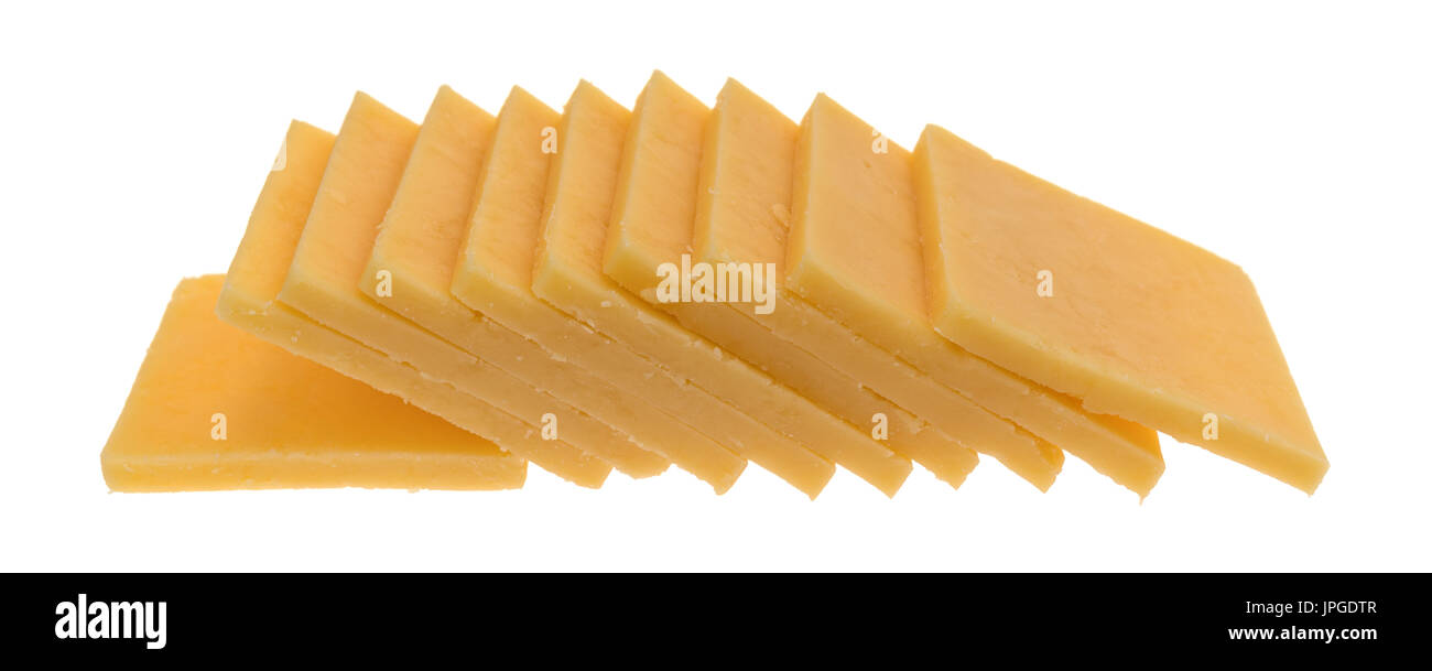 Side view of several slices of gouda cheese in a row isolated on a ...