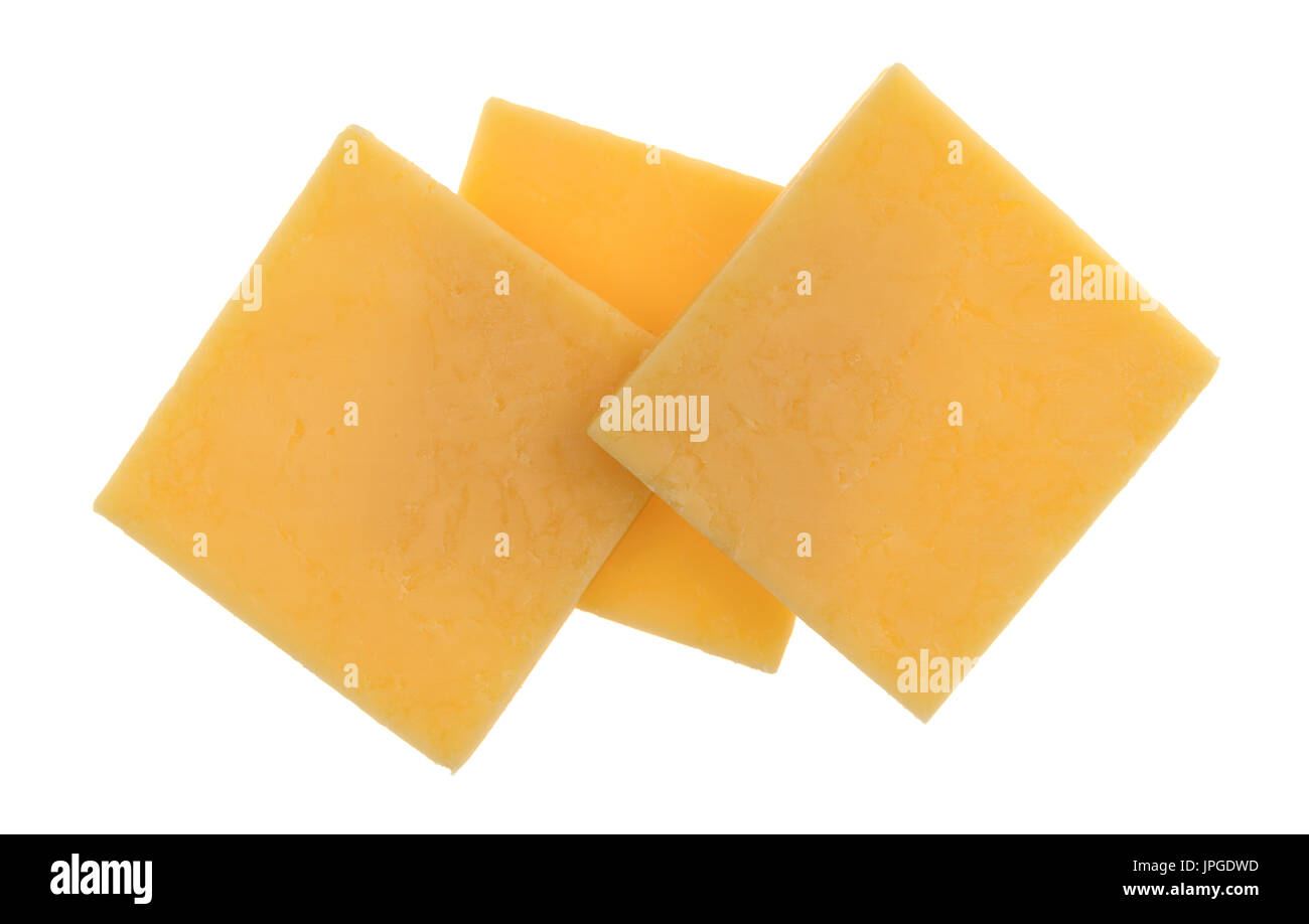 Top view of three slices of gouda cheese isolated on a white background ...