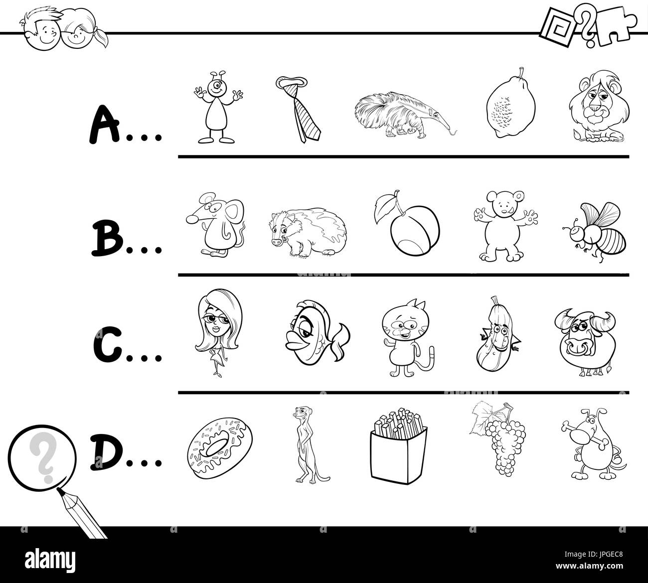 Black and White Cartoon Illustration of Finding Picture Starting with ...