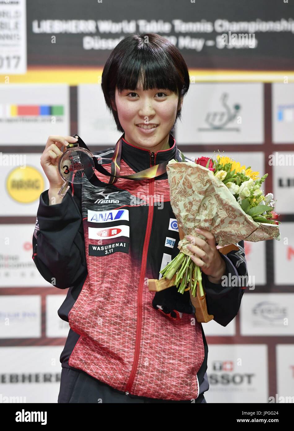 Miu Hirano of Japan poses on the podium in Dusseldorf, Germany, on June ...